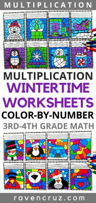 Multiplication Color by Number Worksheets for Winter - Raven Cruz