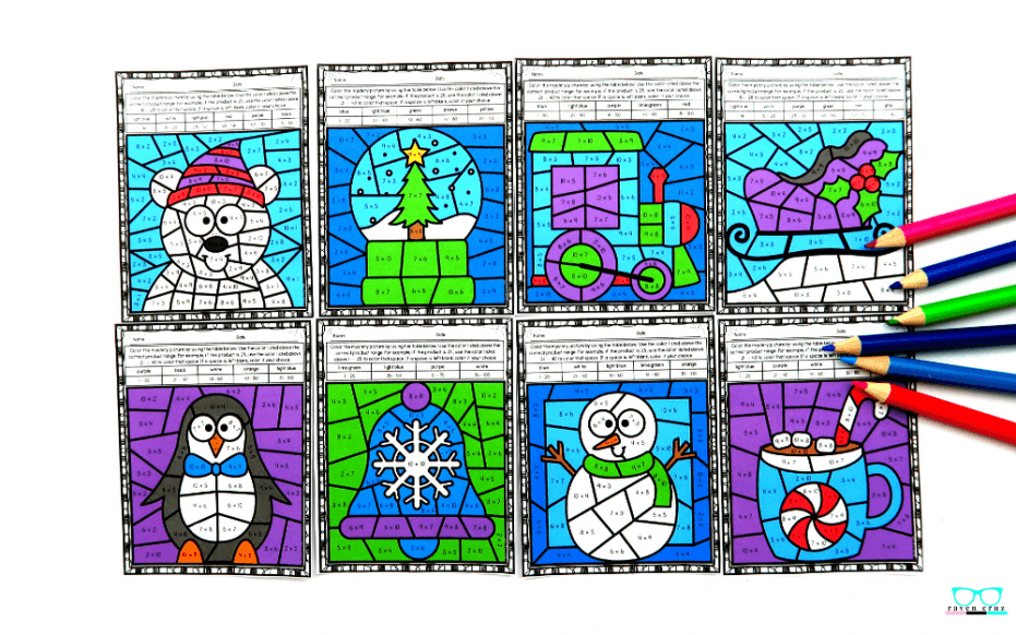Multiplication Color by Number Worksheets for Winter - Raven Cruz