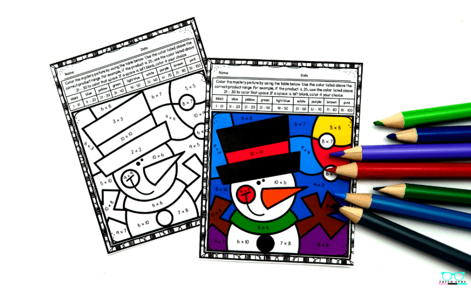 Multiplication Color by Number Worksheets for Winter - Raven Cruz