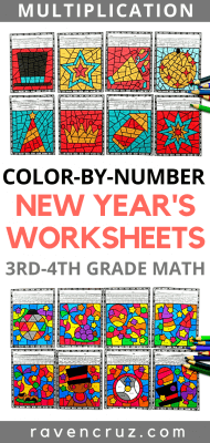 Color by Number Multiplication Worksheets for New Year's - Raven Cruz