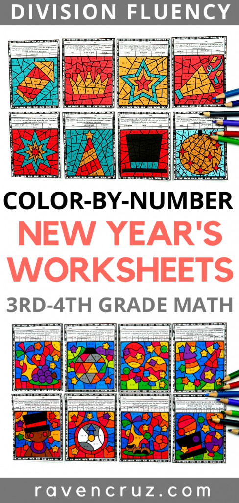 Color by Number Division Worksheets for New Year's - Raven Cruz