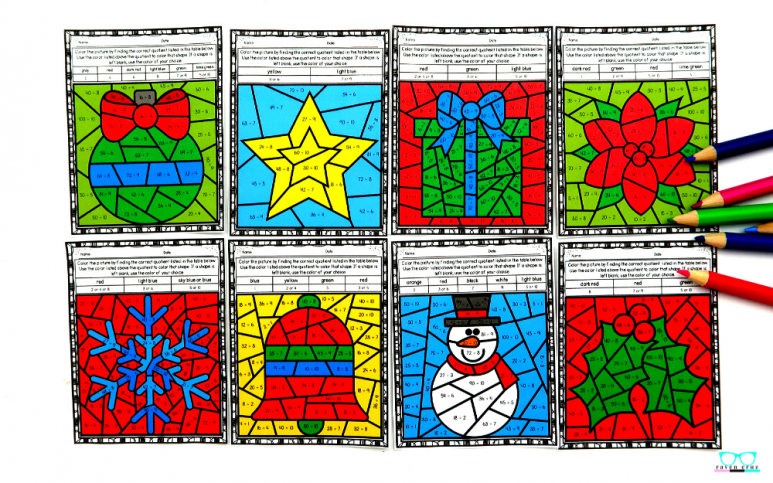 Color by Number Christmas Division Worksheets - Raven Cruz