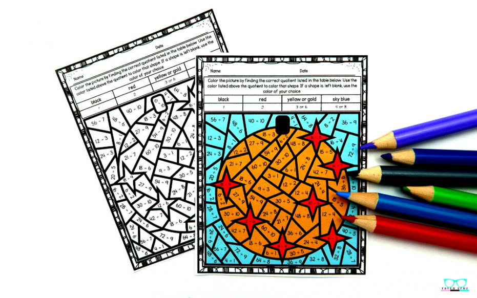 Color by Number Division Worksheets for New Year's - Raven Cruz