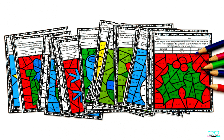 Color by Number Christmas Division Worksheets - Raven Cruz