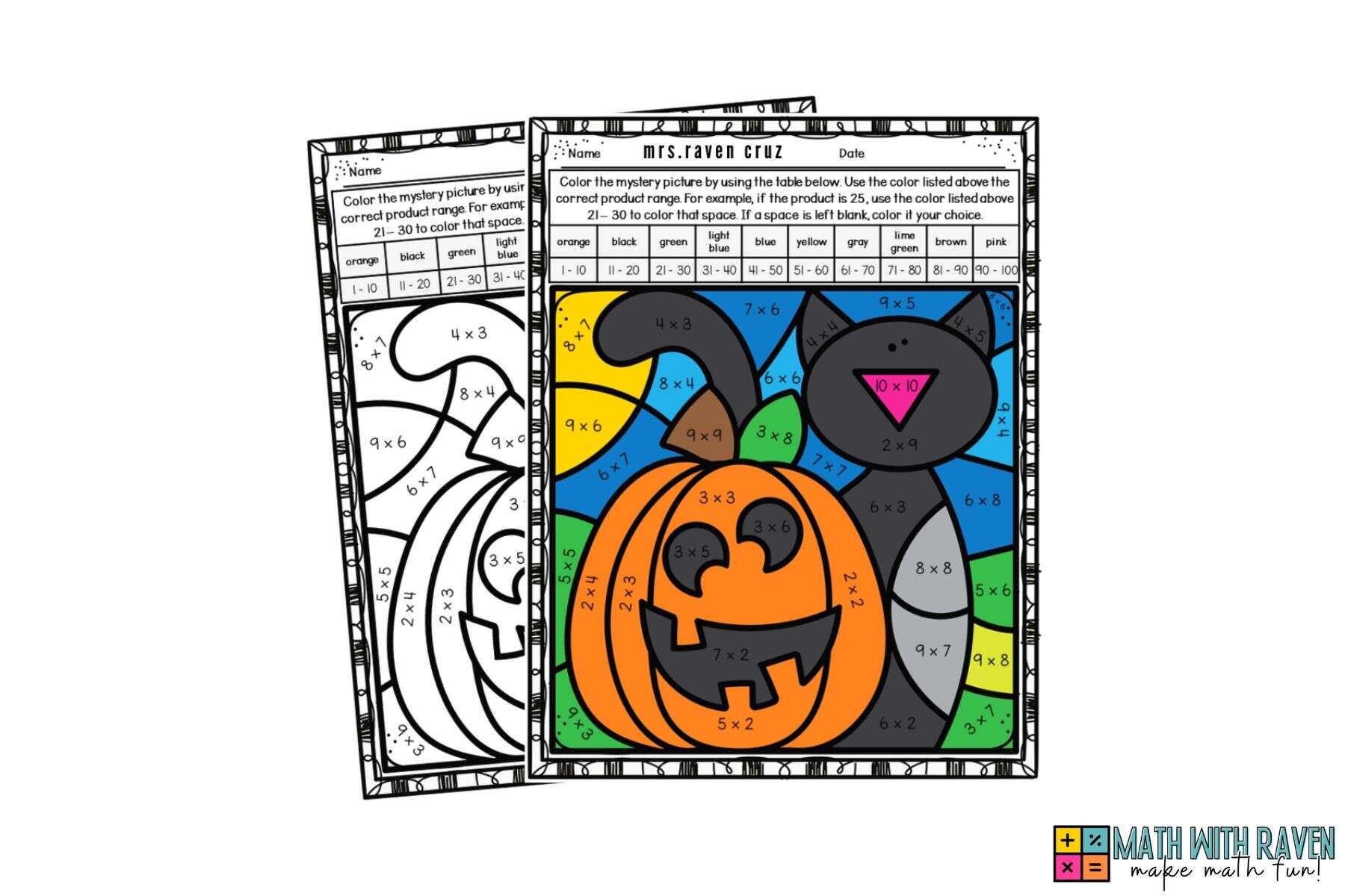 Fall Multiplication Color-by-Number Worksheets - Raven Cruz